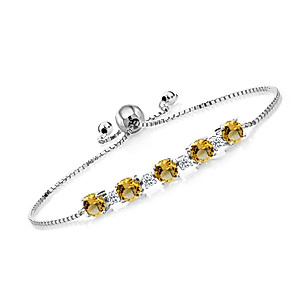 Gem Stone King 925 Sterling Silver Round Yellow Citrine and White Topaz Tennis Bracelet For Women (3.97 Cttw, Gemstone Birthstone, Fully Adjustable Up to 9 Inch)