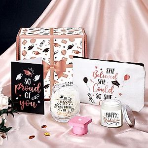 Levfla Graduation Gifts Set, Congratulations Present Box for Her Girl Women College Student with Pre-Packed Wine Glass Grad Cap Bath Bomb Makeup Bag Candle Card Rose Gold