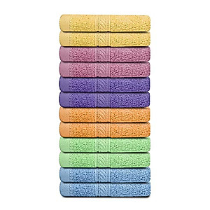 Cotton Face Washcloths Set 100% Cotton Ultra Soft Wash Cloth Towel Set for Bathroom and Home Highly Durable High Absorbency Convenient and Stylish Wash Cloths - Bright Multi-Color 12''x12'' Pack of 12