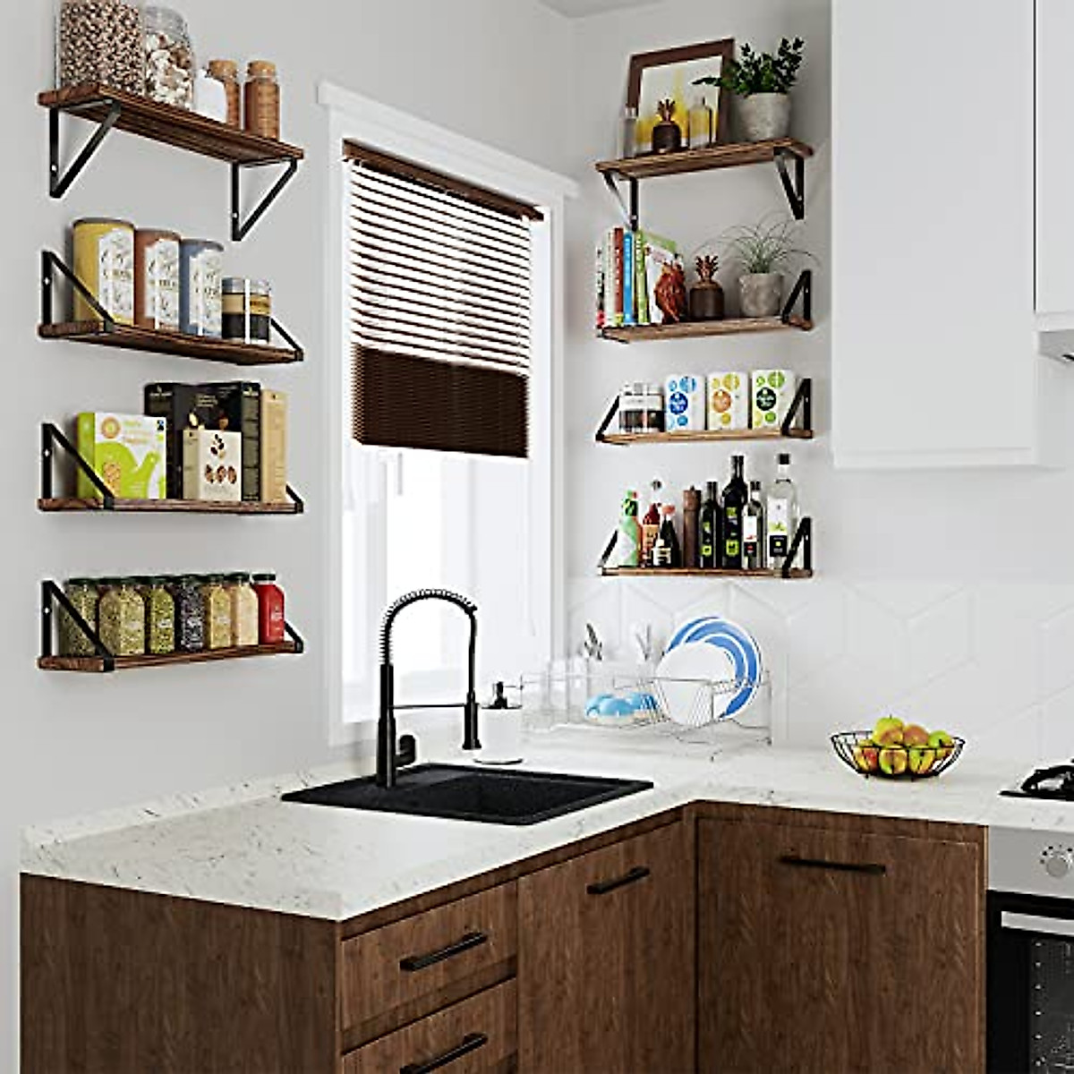 brightmaison BGT Mino Floating Shelves, 17" Book Shelves for Living Room Decor, Bathroom Organizer, Kitchen, Bedroom, Burnt Finish Set of 8