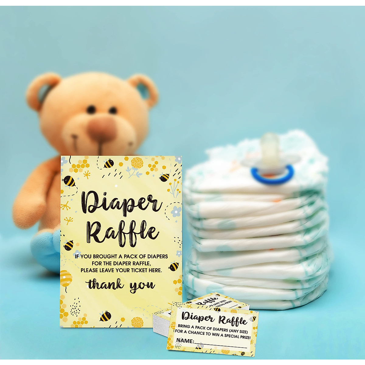 Gihyan Diaper Raffle Baby Shower Game Set(1 Standing Sign + 50 Guessing Cards), Bumble Bee Diaper Raffle Tickets for Baby Shower, Honey Honeycomb Baby Shower Party Favor Decor - A20
