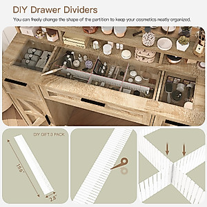 usikey Farmhouse Vanity Desk with Large Lighted Mirror and 10 Lights, 43.3" Glass Tabletop Makeup Vanity with 3 Drawers, Large Vanity Tabel Set with Long Storage Shelf, 2 Cabinets and Stool, Maple
