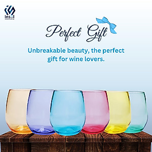 Set of 6 Colored Wine Glasses - BPA Free Plastic, Tritan, & Acrylic Wine Glasses | Dishwasher Safe Stemless & Unbreakable - Indoor, Outdoor | Margarita Glasses for Wine & Water | Kitchen Accessories