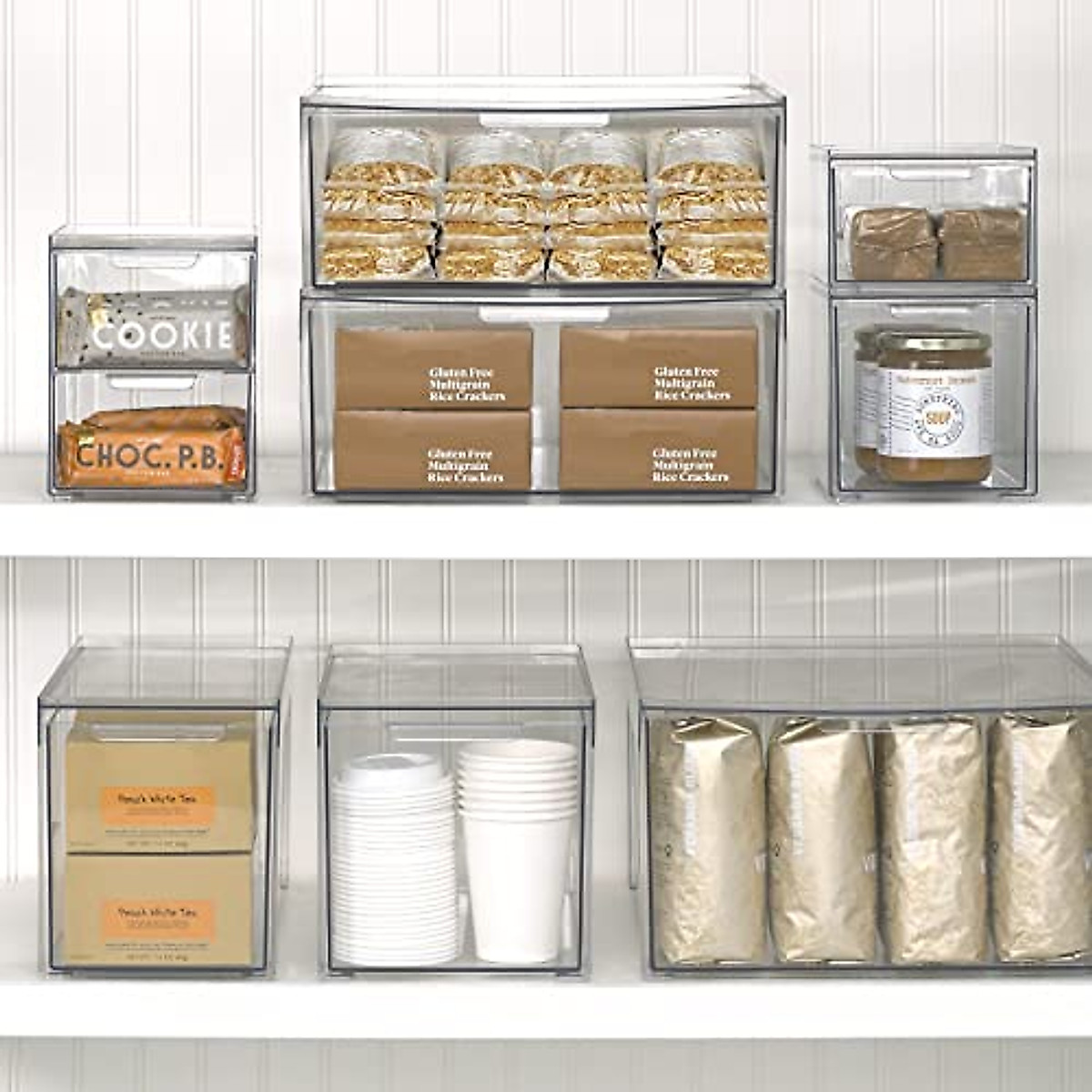 mDesign Plastic Stackable Kitchen Storage Organizer Bin Containers with Front Pull Drawer for Cabinet, Pantry, Fridge, Freezer, Shelf, Refrigerator Organization - Lumiere Collection - Clear