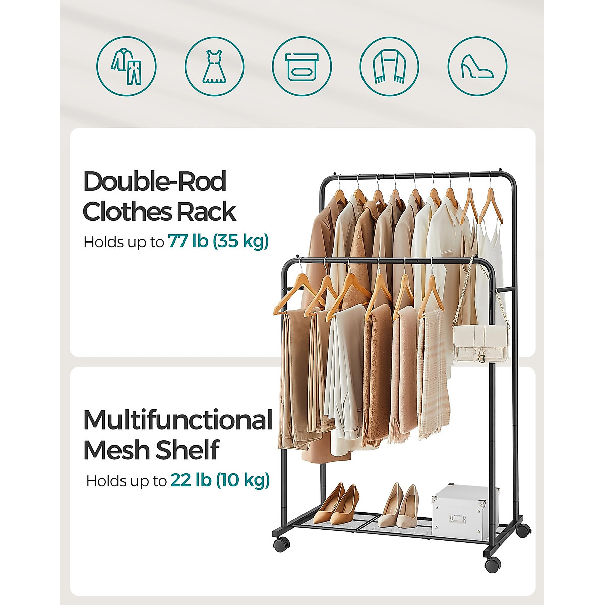 SONGMICS Double Rods Clothes Rack with Wheels, Clothing Rack for Hanging Clothes, Heavy Duty Garment Rack with Mesh Storage Shelf, 2 Brakes, Each Top Rail Holds up to 77 lb, Black UHSR26BKV1