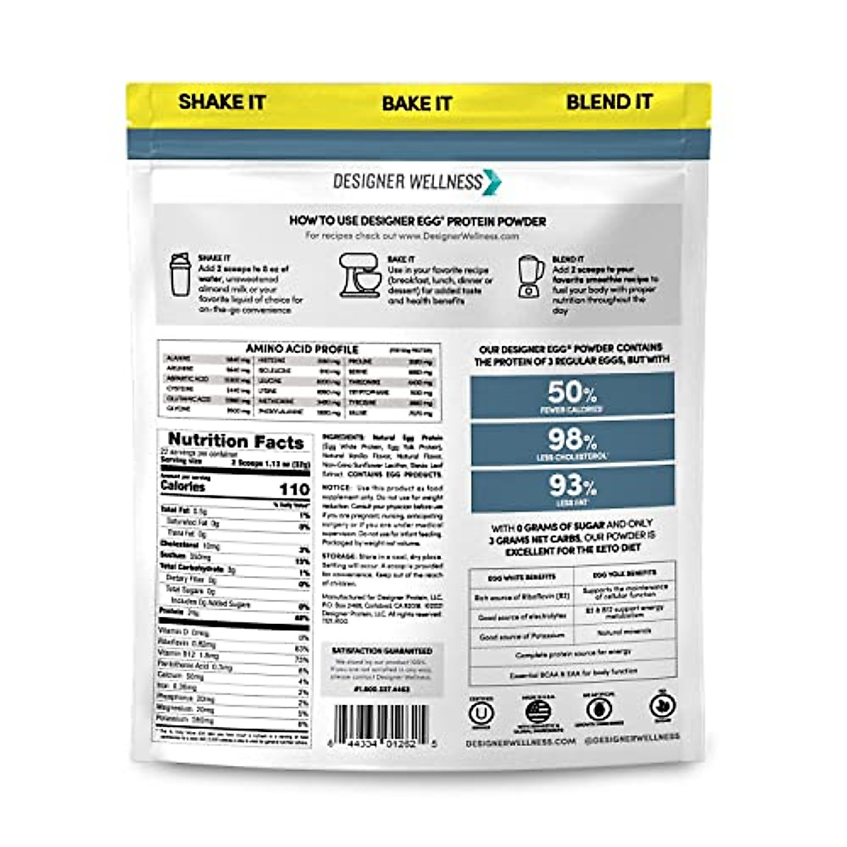 Designer Wellness, Designer Egg, Natural Egg Yolk & Egg White Protein Powder, Keto and Paleo Friendly, Low Calorie, Less Fat and Cholesterol, Classic Vanilla, 1.55 Pound