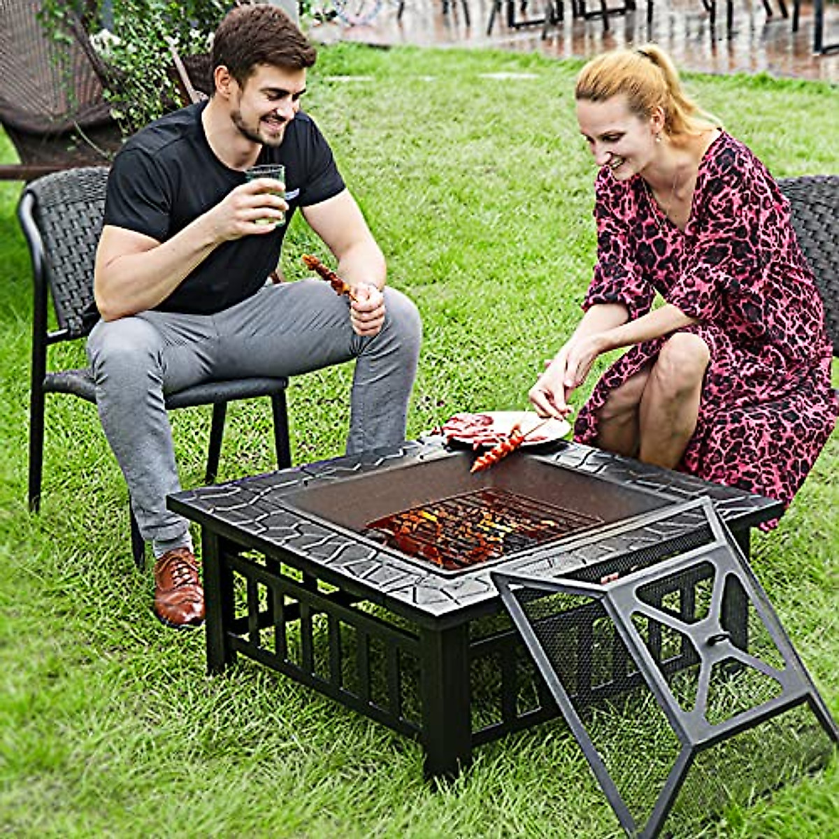 VIVOHOME 32 Inch Heavy Duty 3 in 1 Metal Square Patio Firepit Table BBQ Garden Stove with Spark Screen Cover Log Grate and Poker for Outside Wood Burning and Drink Cooling