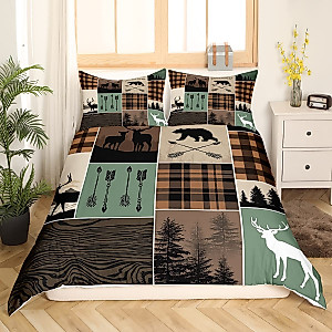 Farmhouse Retro Rustic Bedding Set Full Size, Country Bear Deer Comforter Cover Hunting Wild Animal Duvet Cover Plaid Arrows Adventure Patchwork Bedspread Cover With 2 Pillow Cases, Brown Green