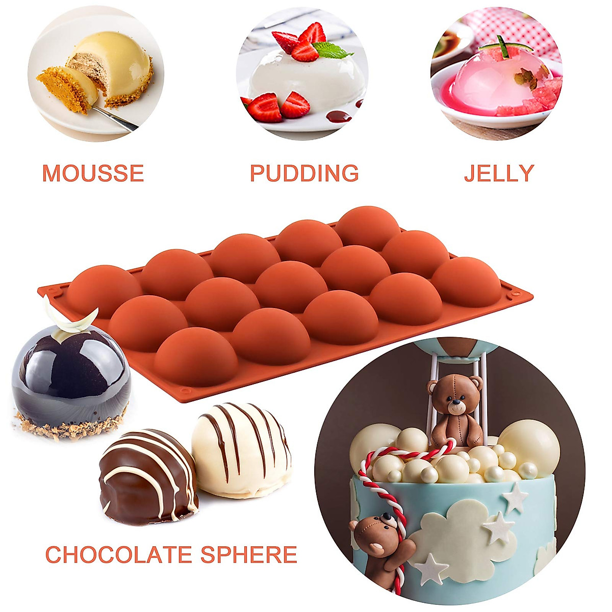 Mity rain (3 Pcs) 15 Cavity 2 inch Hot Cocoa/Chocolate Bomb Mold, 45 Cavity Total Semi Silicone Mold, Half Sphere Mold for Cake, Jelly, Pudding, Dome Mousse