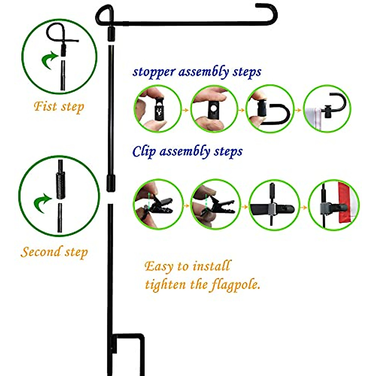 Garden Flag Stand-Holder-Pole with Flag Stopper and Clip Waterproof Powder-Coated Paint for House Flags,Decorative Flags,Yard Flags,Seasonal Flags
