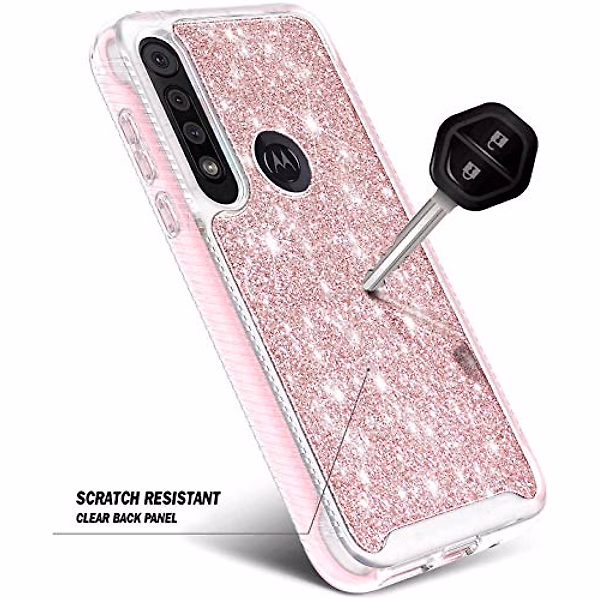 E-Began Moto G Fast Case with [Built-in Screen Protector], Full-Body Shockproof Protective Rugged Bumper Cover, Impact Resistant Case for Motorola Moto G Fast 2020 Release -Glitter Bling Rose Gold