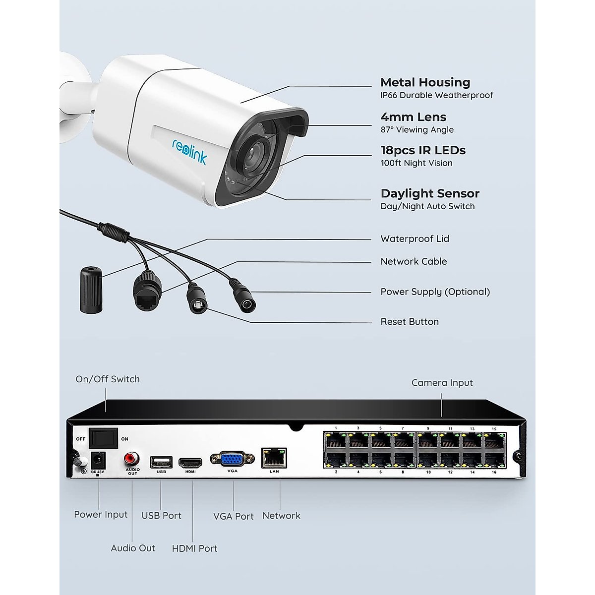 Reolink PoE Security Camera System Bundle, 12pcs 8MP Person/Vehicle Detection Smart Cameras,a 16CH NVR Pre-Installed with 4TB HDD(Include 8 x 18M Cat5 Cable)
