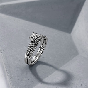 Cali Trove, 1/4cttw Diamond Halo Round Engagement Ring with Matching Diamond Wedding Band for Women in 925 Sterling Silver, Women's Silver Round Wedding Ring Set with Halo and Diamond Accented Bands,7