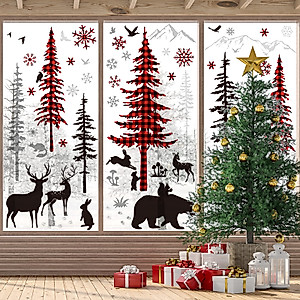 Whaline Christmas Wall Stickers Roll Red Black Plaid Xmas Tree Wall Floor Decor Forests Animals Prints Waterproof Art Wallpaper Winter Scenes Double Side Window Decals for Xmas DIY Home Party Decor