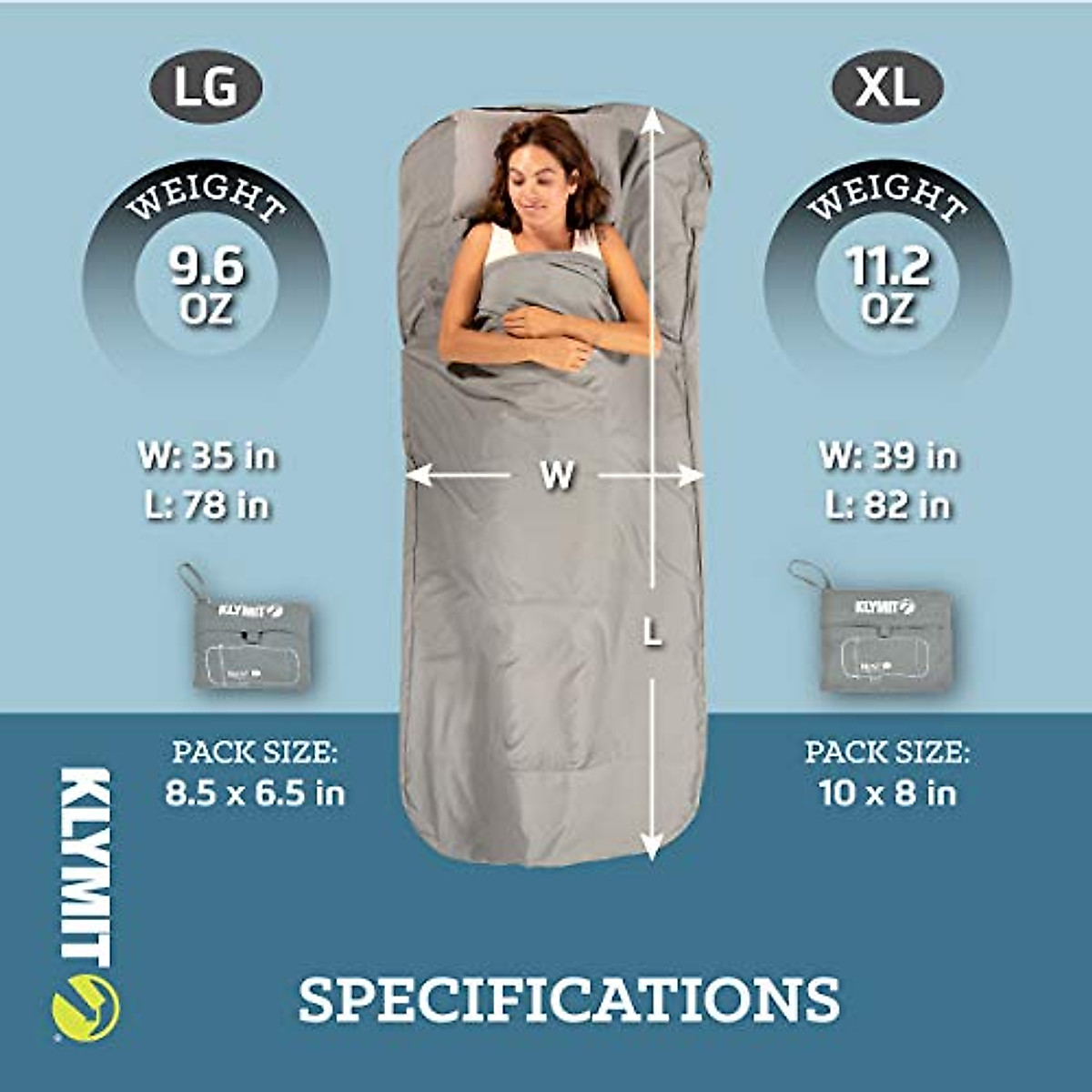 Klymit Nest Sleeping Bag Liner, 2-Person Sleeping Bag Insert, Gray, XL