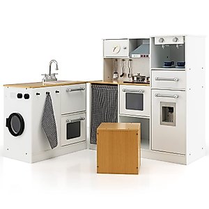 Costzon 2-Piece Kids Kitchen Playset, Wooden Pretend Play Kitchen & Washing Machine Toy Set w/Realistic Light & Sound, Coffee Maker, Water Dispenser, Stove, Utensils, Sink