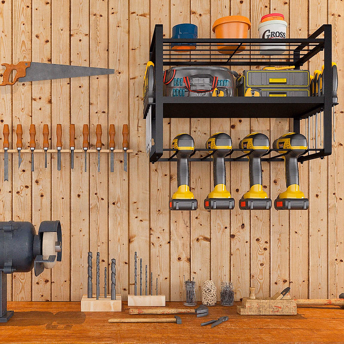 Fonkoufi Power tool organizer, 3 level garage tool organizer and storage, heavy duty tool holder with screwdriver holder/pliers holder/hammer holder, drill bit bracket wall mount, etc