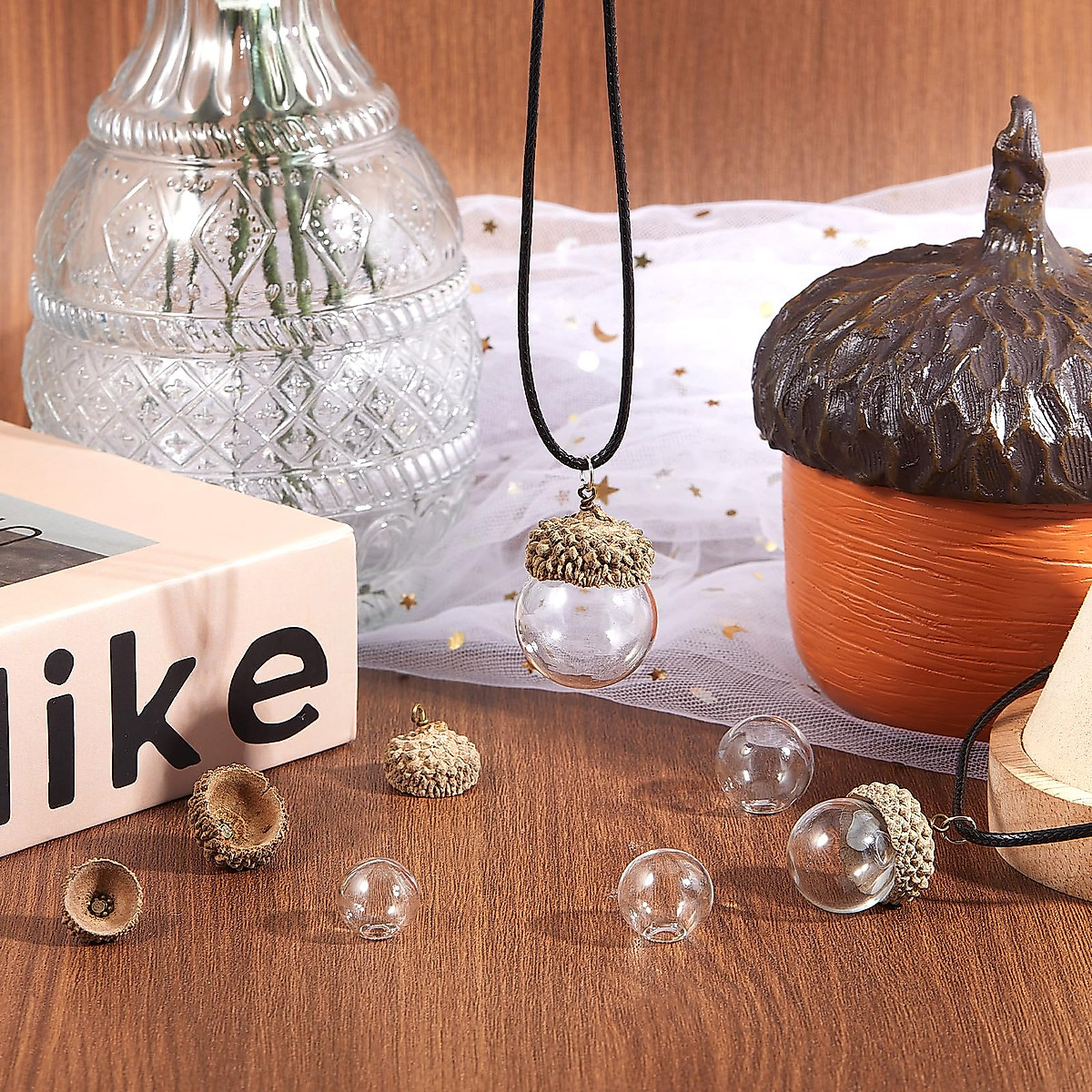 CHGCRAFT 5 Sets 5 Style Acorn Glass Ball Pendants Empty Clear Glass Globe Vial Pendants Wish Bottle Charms with Caps for Necklace Earring Making, Length 26mm to 40mm