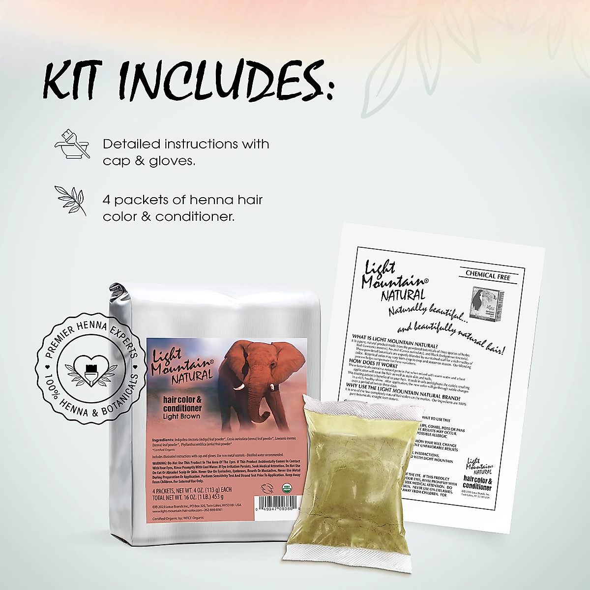 Light Mountain Light Brown Hair Dye for Men/Women, Organic Henna Leaf Powder and Botanicals, Chemical-Free Semi-Permanent Hair Color, 16 Oz