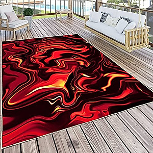 Modern Abstract Red Marble Area Rugs for Living Room Kitchen Bedroom Abstract Flame Fire Red Yellow Black Marble Background Wave Swirl Bathroom Rugs Stain Resistant Carpet Mat Pad Home Decor