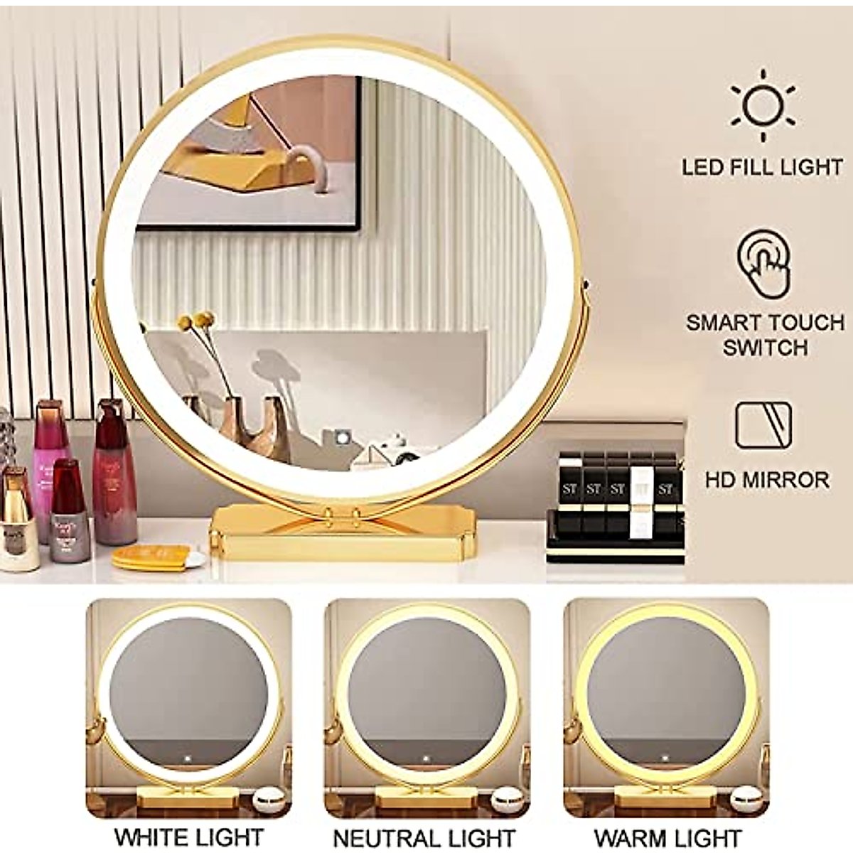 UTMACH Vanity Slate Tabletop Vanity Desk, Vanity Set with Adjustable Cabinet ＆ Makeup Chair, Dressing Table with Lighted Mirror ＆ Drawers Desk Sturdy