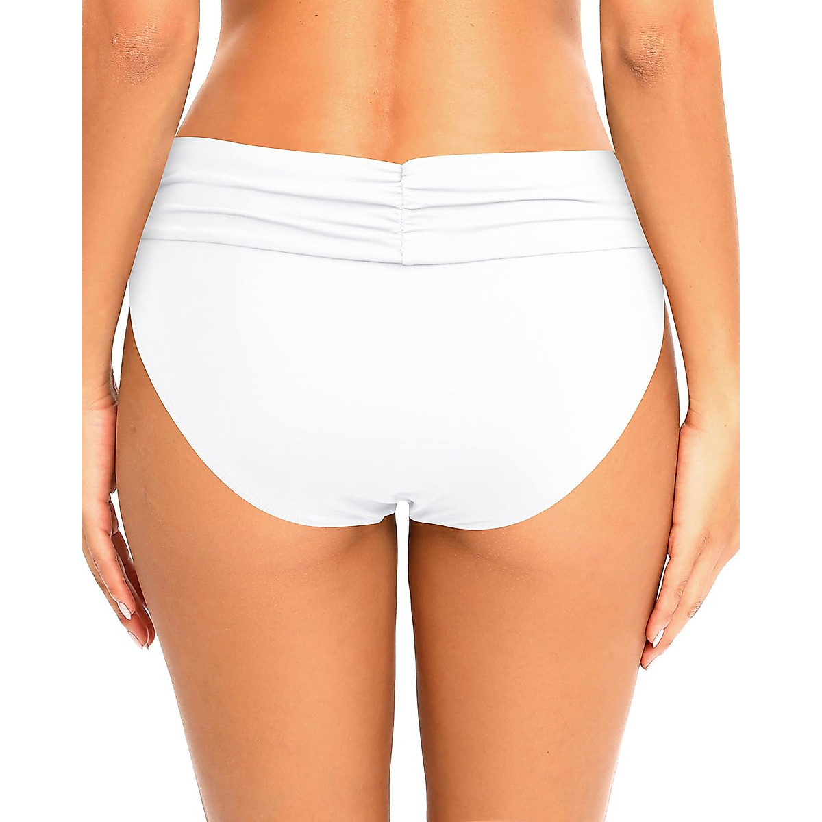 Zmart Women Full Coverage Ruched Bikini Bottoms Tummy Control Swim Bottoms Scrunch Ruffle Bathing Suit Bottom White L