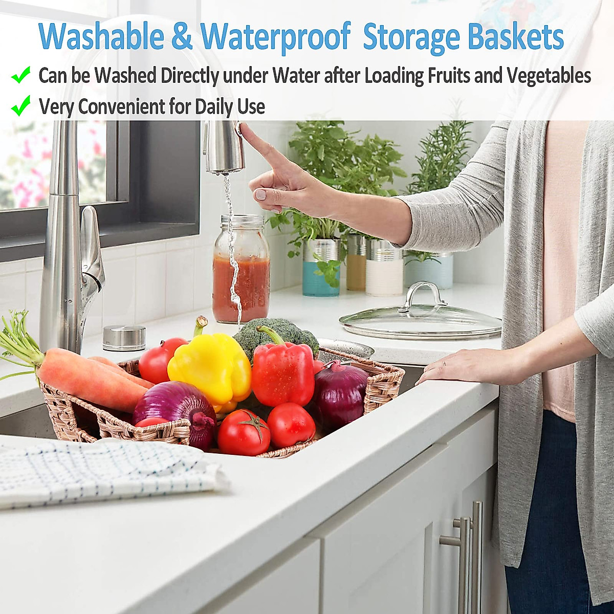 ROSOS Wicker Storage Basket 2 Pack, Large Wicker Baskets for Storage 15", Waterproof Plastic Wicker Baskets for Organizing, Open-Front Storage Baskets for Shelves