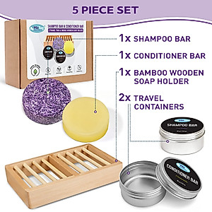 Miztag Home & Health Shampoo and Conditioner Bar Set - 5pcs with Holder & Travel Tins - Vegan, Sulfate-Free, Paraben-Free - Eco-Friendly Gift for Women