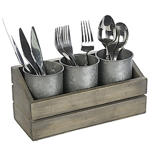 MyGift 3 Compartment Galvanized Metal Utensil Holder with Vintage Gray Solid Wood Tray, Flatware Organizer Caddy for Kitchen Counter Dining Table Display