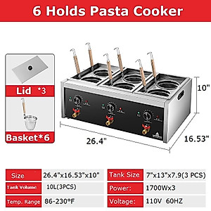 Koalalko Commercial Pasta Cooker 6 Holes Macaroni Vegetable Dumpling Cooker Noodle Cooking Machine Pasta Makers Boiler Machine with 6 Basket Noodle Dumpling Maker with Noodle Filter 110V 60hz US plug