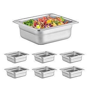 HOCCOT 6 Pack Pans 1/6 Size 2.6" Deep, 304 Stainless Steel, Commercial Hotel Pan, Steam Table Pan, Catering Food Pan