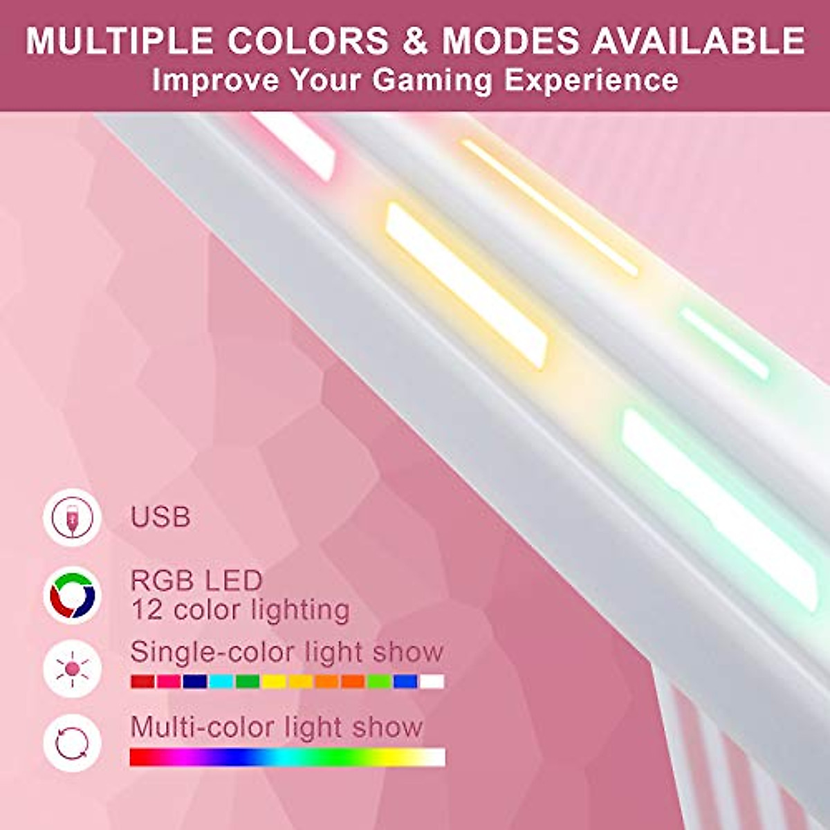 HomeMiYN Gaming Desk with LED Lights, 43.3'' Z Shaped RGB Effect Lighting Ergonomic Computer Game Desk PC Table Workstation with Headphone Hook & Cup Holder, Pink