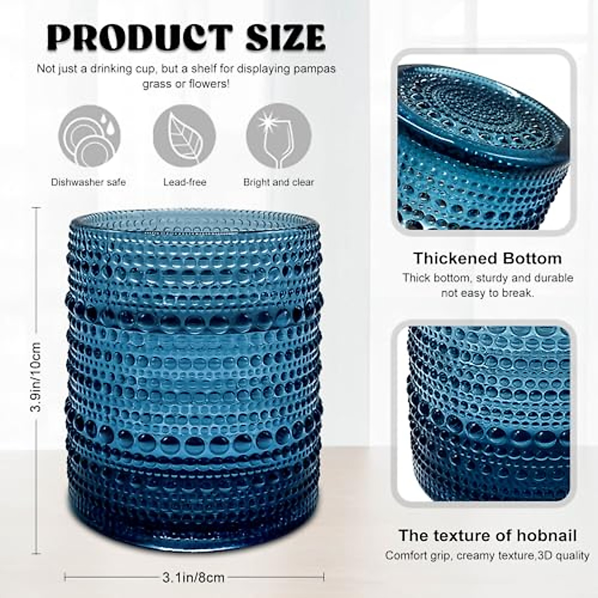 UPZAI 12oz Vintage Drinking Glasses Set of 4, Kitchen Glassware Old Fashioned Glass Cups, Aesthetic Water Cups for Beside Beverage Juice Coffee Beer Cocktail Whiskey (Blue)