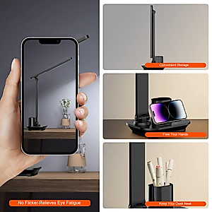 Desk Lamp Desk Light Desk Lamps for Home Office, LED Desk Lamp with USB Charging Port, Touch Control Small Desk Lamp with Pen/ Phone Holder, 3 Color Modes Foldable Study Reading Lamp with 10 Min Timer