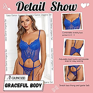 GUNOZE Garter Lingerie For Women, Sexy Lace Teddy Babydoll Bodysuit Lingerie, 2 Piece Women Lace Lingerie Set with Garter - Blue(M)
