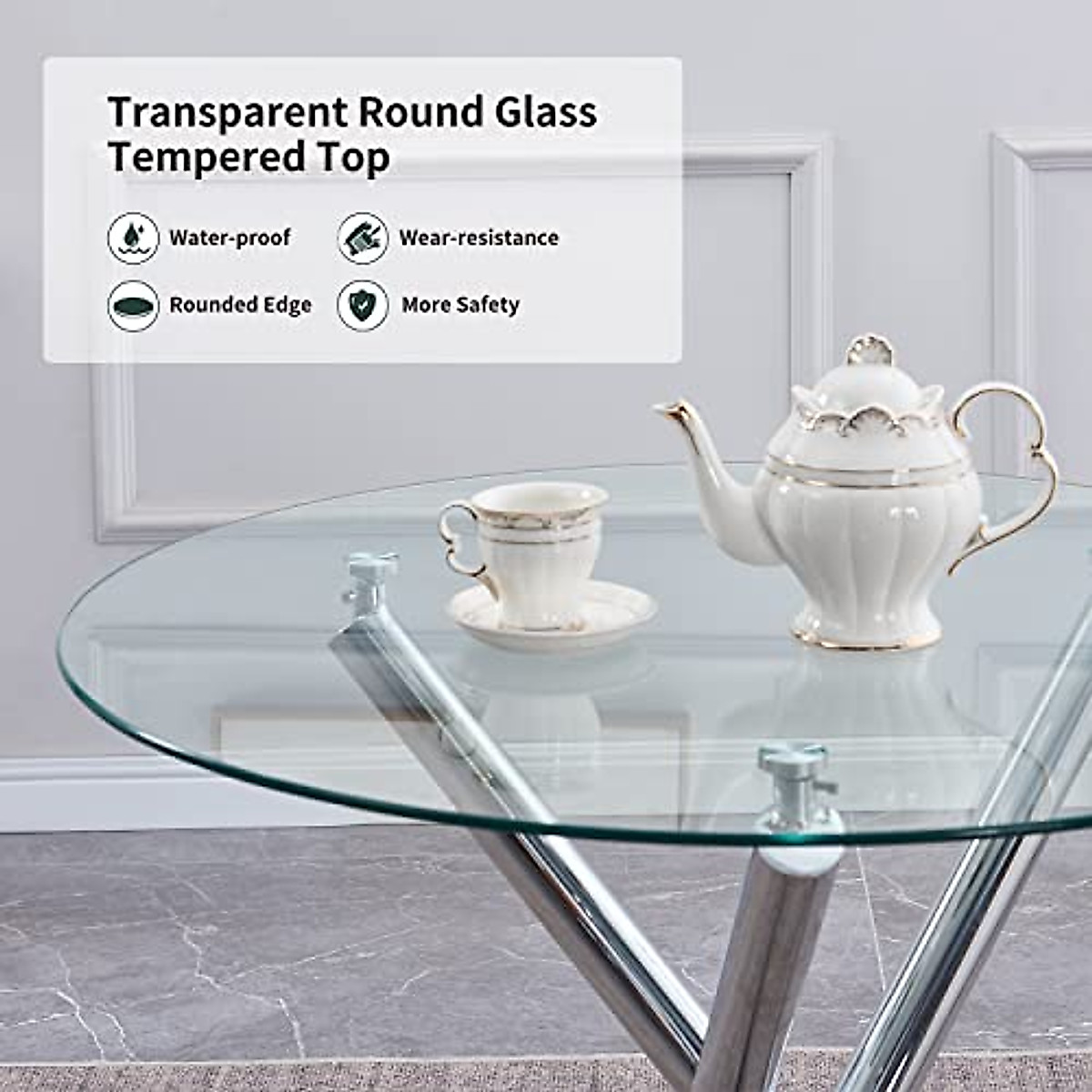 paonne Round Dining Table Set for 4, Glass Round Kitchen Table and Chairs for 4, 5-Pieces Table with Chair Set