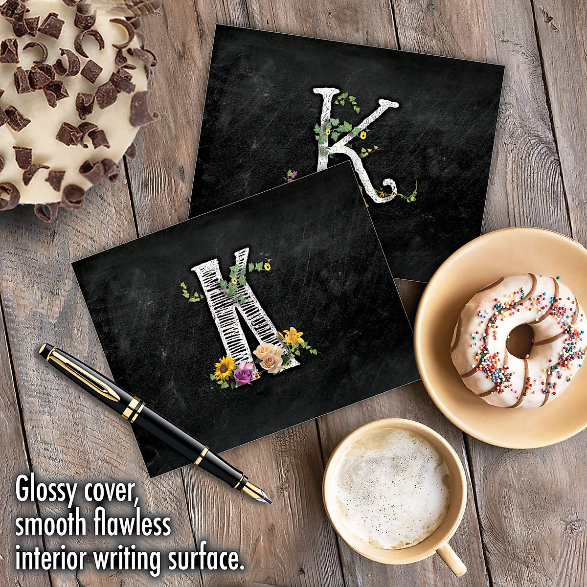 The Best Card Company - 10 Initial Letter K Assorted Blank Notecards, Floral Monogramed Personal Stationery w/Envelopes Bulk Box Set 4 x 5.12 Inch Thank You Notes - K Chalk and Roses M3795OCB-B1x10