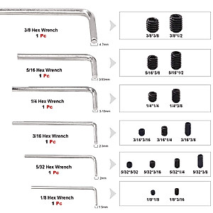 Hilitchi 370Pcs Socket Set Screw Assortment in SAE Sizes Internal Hex Drive Cup Point Allen Grub Screws 12.9 Class Black Alloy Steel (15Sizes)