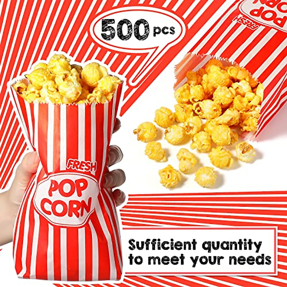 500 Pcs Paper Popcorn Holders, 1 oz Red and White Striped Popcorn Bags Flat Bottom Popcorn Supplies for Carnival Baseball Party Movie Theater Concession Stands Snack Bar, 3.54 x 2.36 x 8.27 Inches