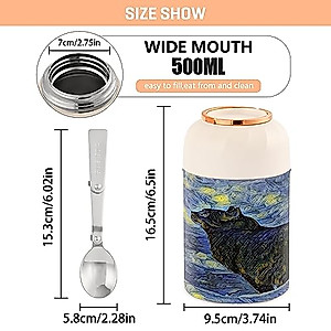 CUPADA Cat Art Funny Food Jar, Van Gogh Style Insulated Hot Food Jars Vacuum 17OZ with Folding Spoon for Work Trip Picnic Camping