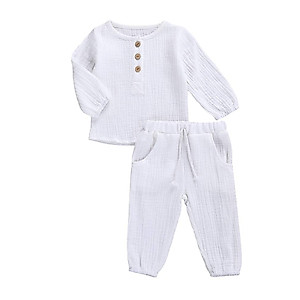 Toddler Baby Boy Girl Cotton Linen Pants Set Solid Long Sleeve T Shirt Top Drawstring Elastic Waist Pants Outfit (A-White, 12-24M)