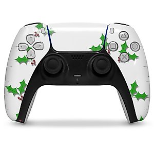 WraptorSkinz Skin Wrap compatible with Sony PS5 DualSense Controller Christmas Holly Leaves on White (CONTROLLER NOT INCLUDED)