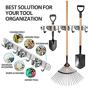 JEWJIO Broom Mop Holder, 15 Inch Wall Mounted Broom Storage Rack Utility Hanger 3 Racks 4 Hooks for Bathroom Home Kitchen Office Closet Garage Stainless Steel Heavy Tool Storage Rack
