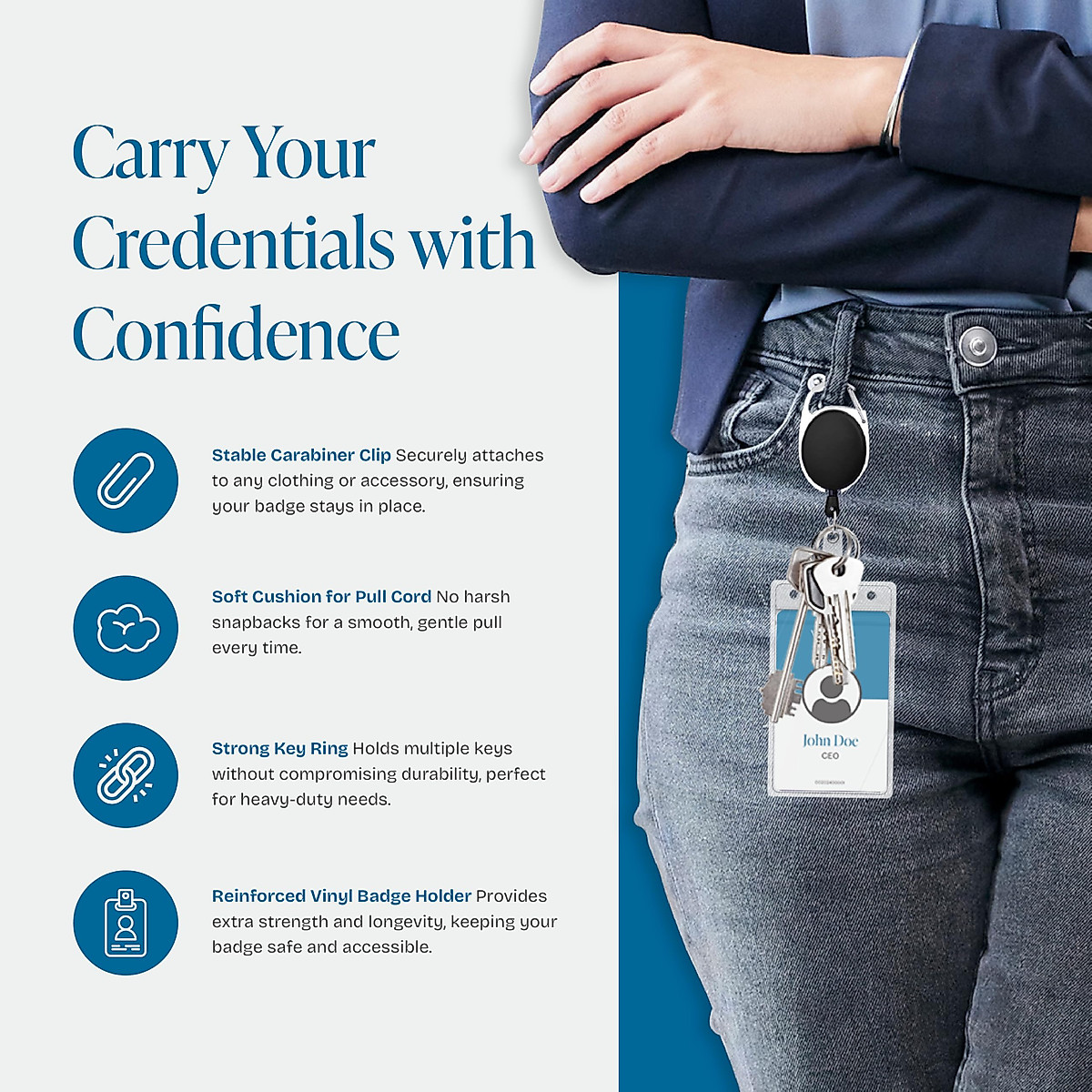 2 Pack ID Badge Holder With Clip – Badge Reels Retractable Heavy Duty – Clear Id Card Holder Retractable – Vertical Lanyard Id Holder with Carabiner Badge Reel – Badge Holders with 24 inches Pull Cord