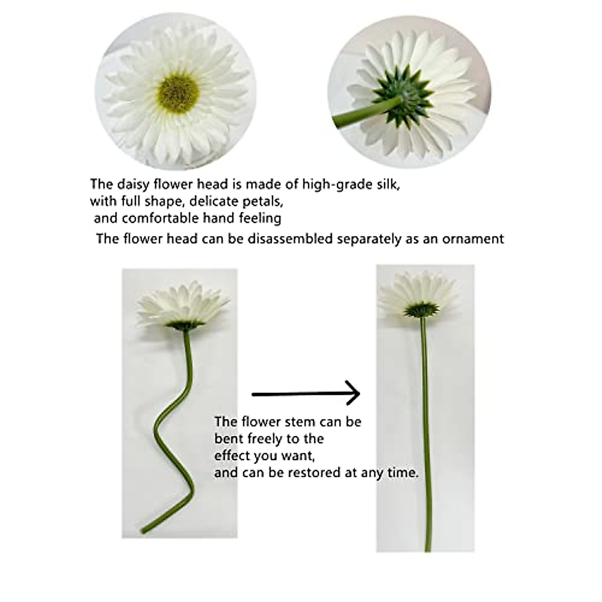 DSforG 16PCS Gerbera Daisy Silk Flowers Artificial Flowers Artificial Daisy Fake Flowers Bouquet for Wedding Bridal Bouquet Party Home Kitchen（White）