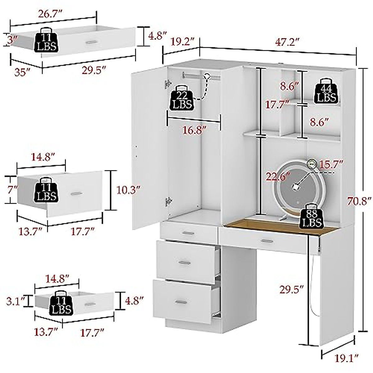 FAMAPY Armoire Wardrobe with Vanity Desk and Lighted Mirror, Armoire with Hanging Rod, Drawers & Shelves, Glass Tabletop, Armoire Closet for Bedroom White (47.2”W x 19.1”D x 70.8”H)