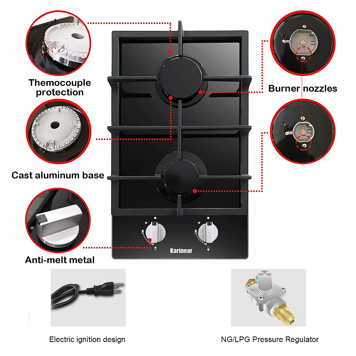 Karinear Gas Cooktop 2 Burner Propane Cooktop, 12 Inch LPG/NG Dual Fuel Gas Stove Top, Built-in Tempered Glass Gas Cooktop for Apartment, Indoor, RV