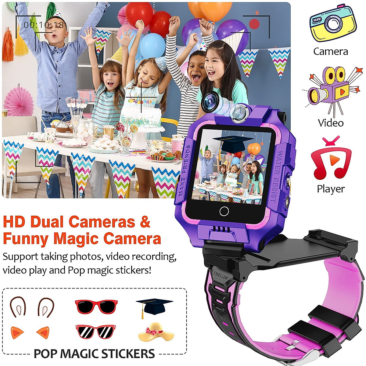 OKYUK 4G Kids Watch Phone T10, Funny 360° Rotation Screen Dual Camera Smart Watch for Boys Girls, IP67 Waterproof, 2-Way Calls, GPS, SOS, Video Calls, Remote Control, Pedometer Smartwatch (Purple)