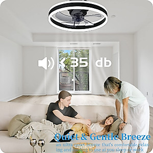 DewShrimp Flush Mount Ceiling Fan with Lights - Bladeless, Bluetooth Speaker, App & Remote Control, Quiet, Low Profile, LED, Stepless Dimming, 3 Colors, 6 Speeds, Reversible, 19.7in