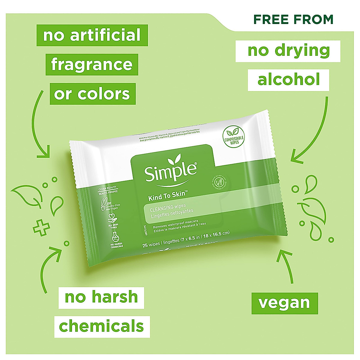 Simple Kind to Skin Facial Wipes Gentle and Effective Makeup Remover Cleansing Free from color and dye artificial perfume and harsh chemicals, 25 Count (Pack of 2)